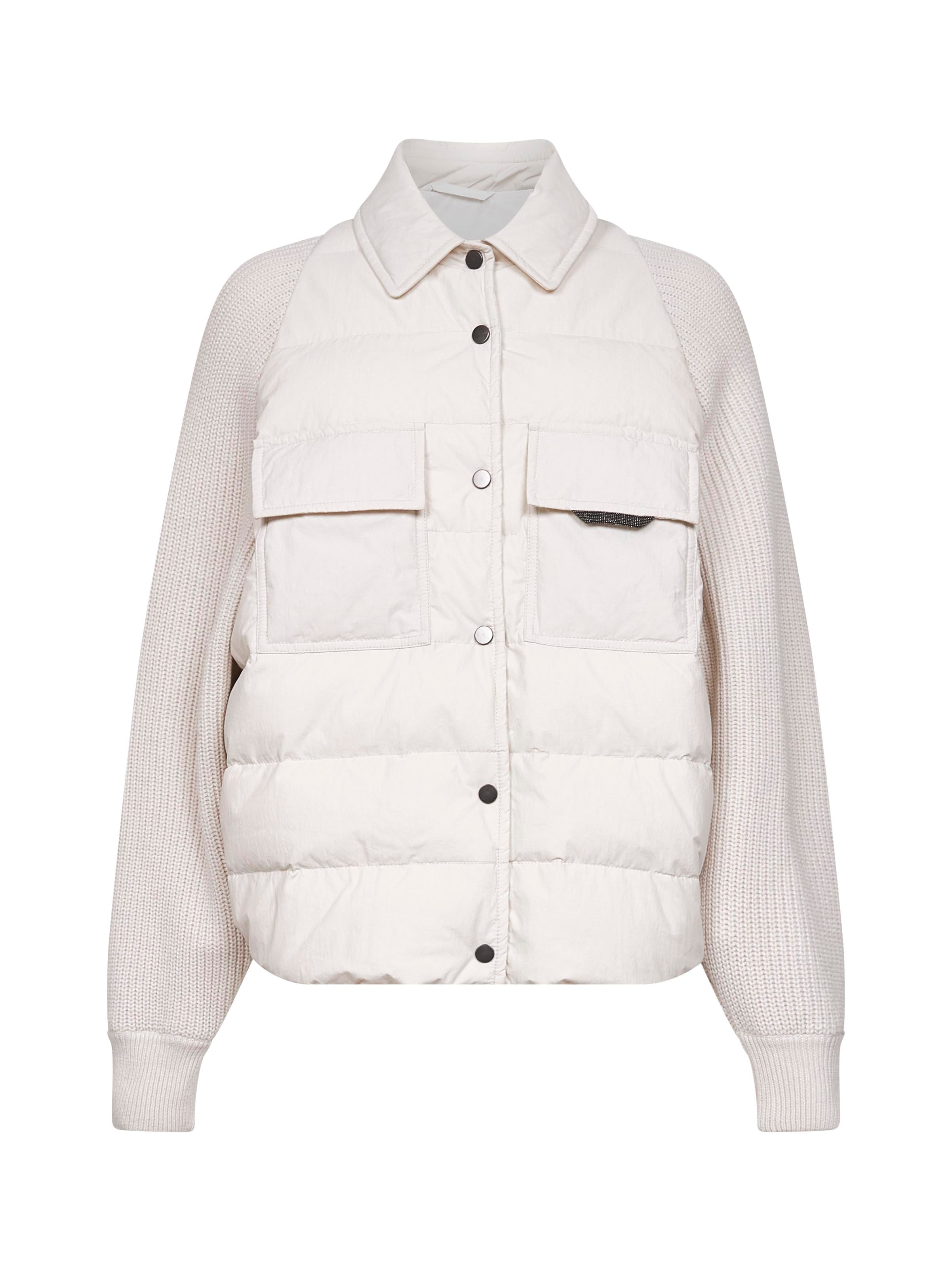 Ivory canvas and knit Shiny Flap Detail down jacket – Daniello.com